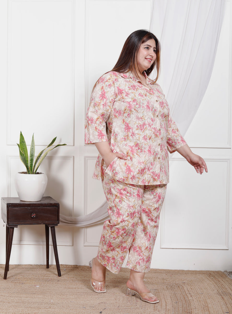 Plus Size Off White Cotton Floral Print Co-ord Set -1200026 - Swasti Clothing