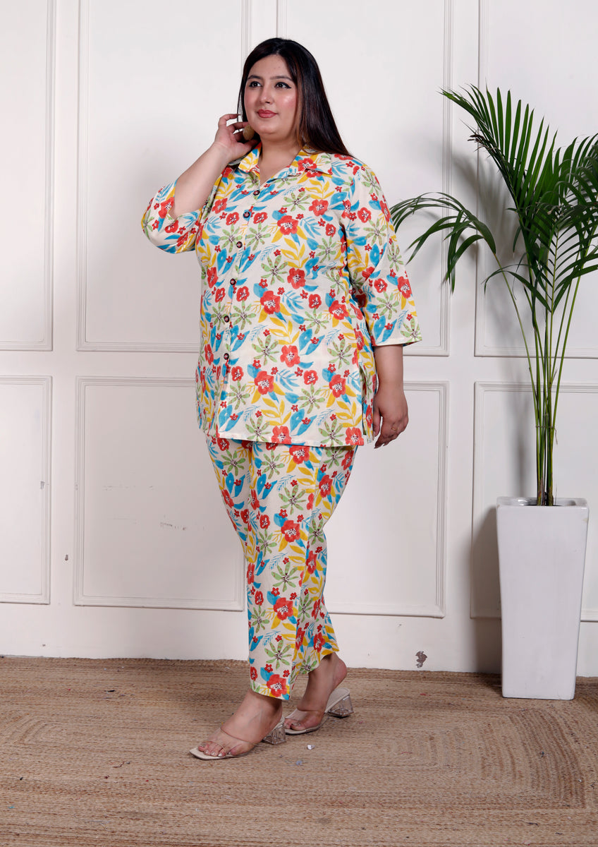 Plus Size Off White Cotton Floral Print Co-ord Set -1200033 - Swasti Clothing