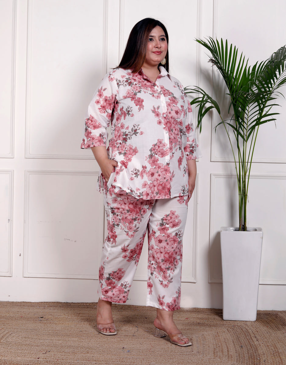 Plus Size Pink Cotton Floral Print Co-ord Set -1200034 - Swasti Clothing