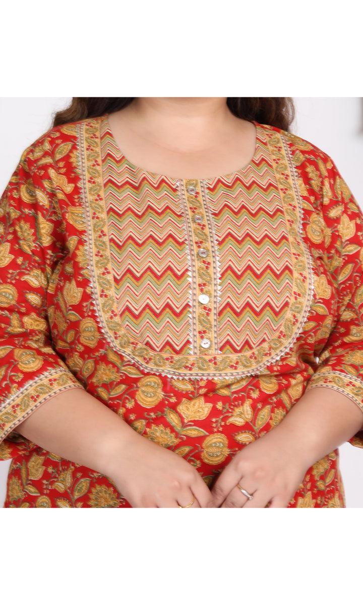 Plus Size Orange Cotton Kurta Set with Dupatta - Swasti Clothing