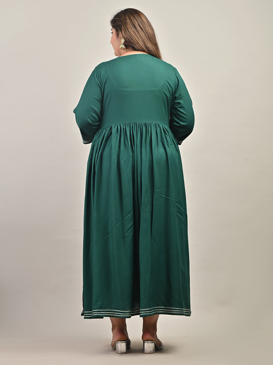 Plus Size Green Cotton Blend Embroidered Anarkali-591 - Swasti Clothing