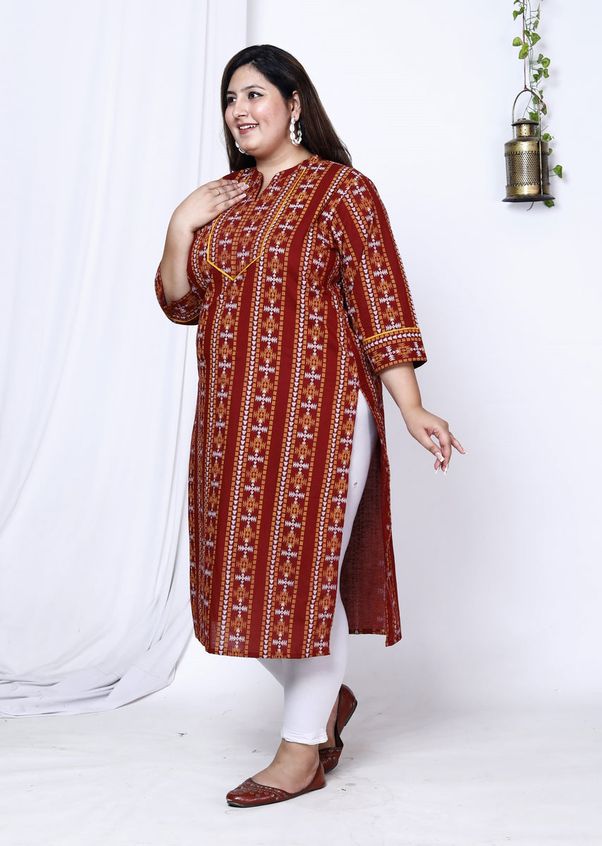 Plus Size Maroon Cotton Abstract print Straight Kurta-100010 - Swasti ...