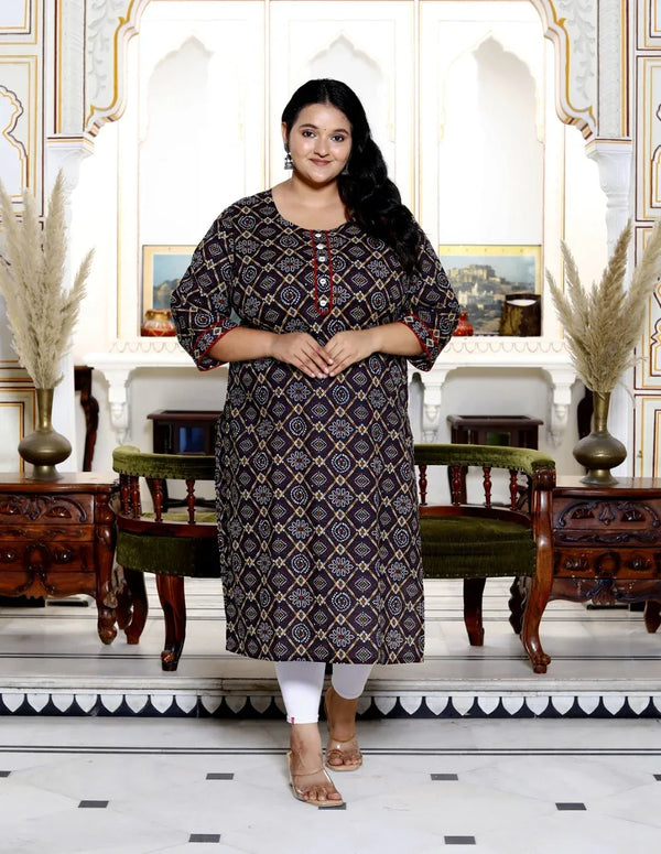 Plus Size Black Cotton Kurta with Floral Print | Swasti Clothing