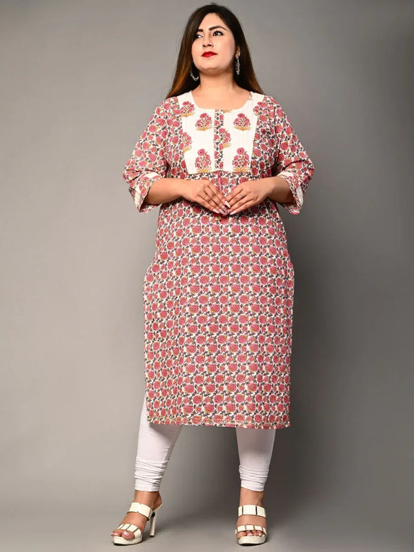 Plus Size Pink Cotton Floral Print Straight Kurta – Swasti Clothing
