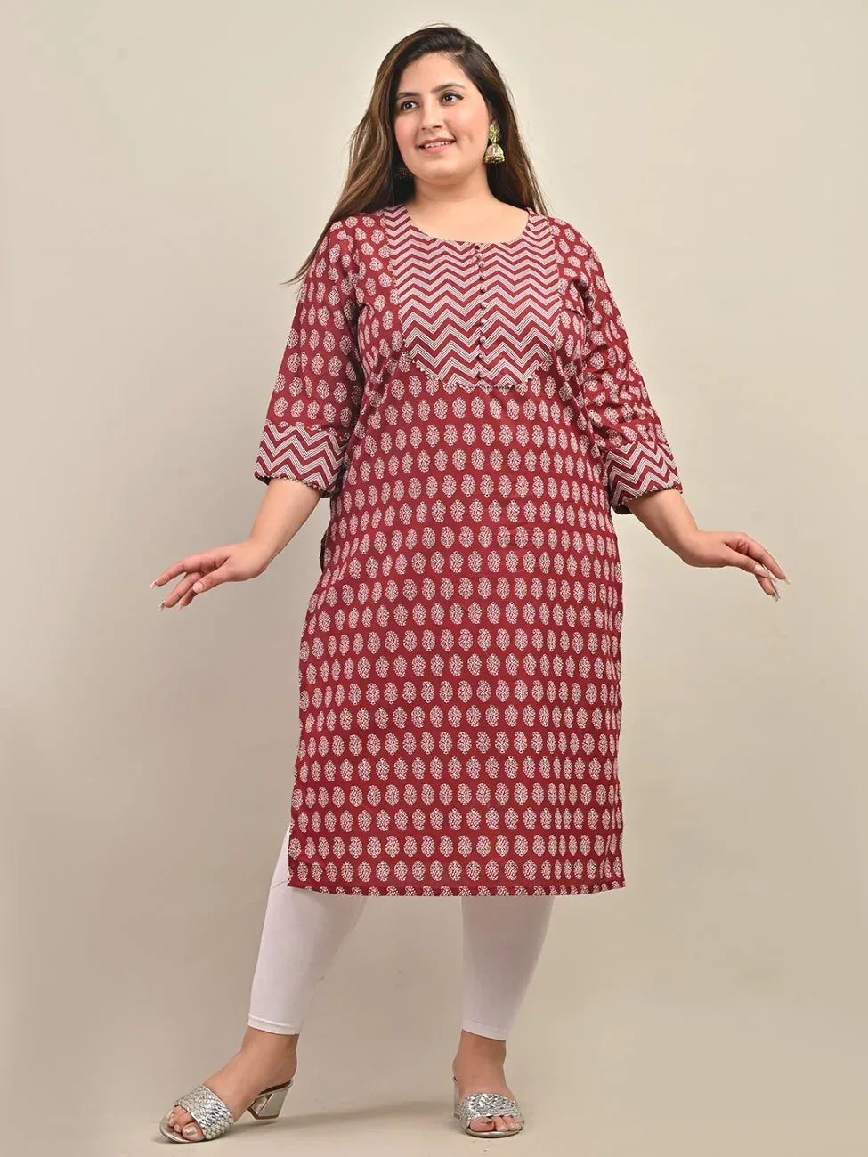 Plus Size Maroon Cotton Floral Print Kurta - Swasti Clothing