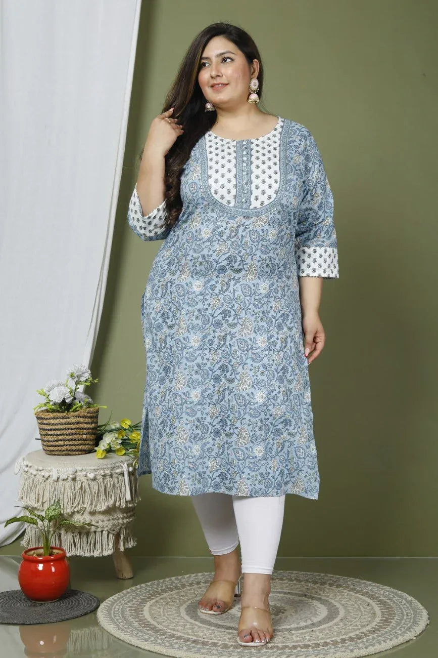 Plus Size Blue Cotton Block Print Straight Kurta-632 – Swasti Clothing
