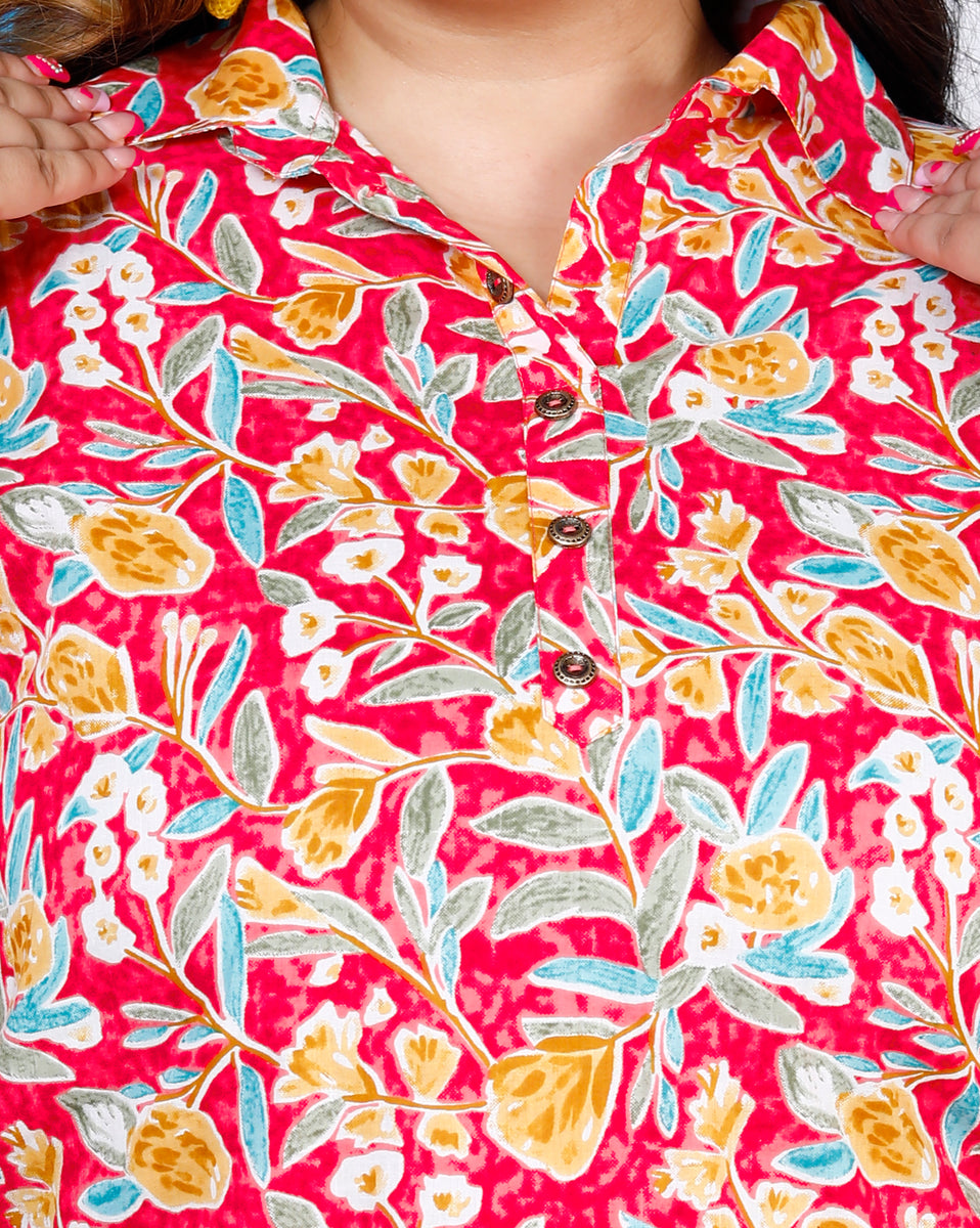 Plus Size Pink Cotton Floral Print Co-ord Set -1200008 - Swasti Clothing