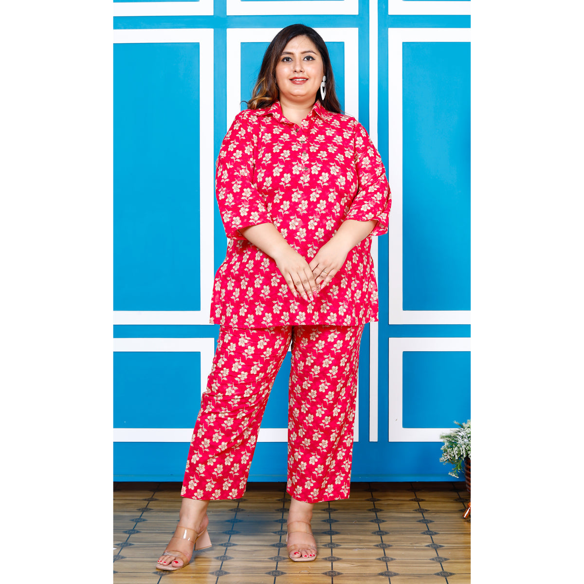 Plus Size Pink Cotton Floral Print Co-ord Set -1200009 - Swasti Clothing