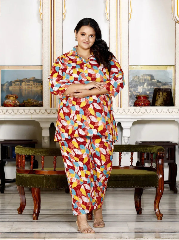 Plus Size Co-ord Set | Rust Floral Print Cotton Outfit – Swasti Clothing