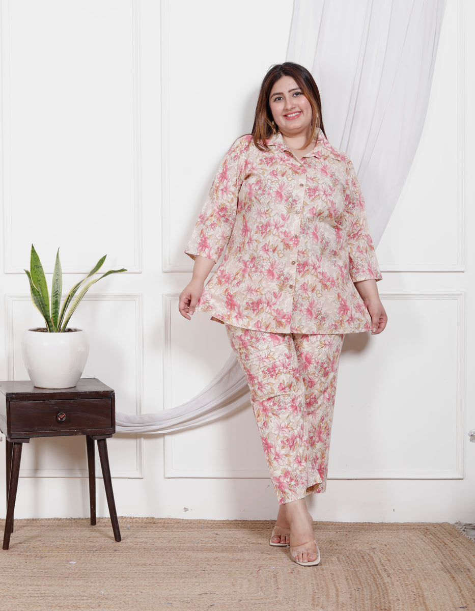 Plus Size Off White Cotton Floral Print Co-ord Set -1200026 - Swasti ...