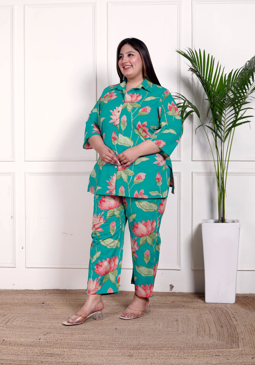 Plus Size Green Cotton Floral Print Co-ord Set -1200030 - Swasti Clothing