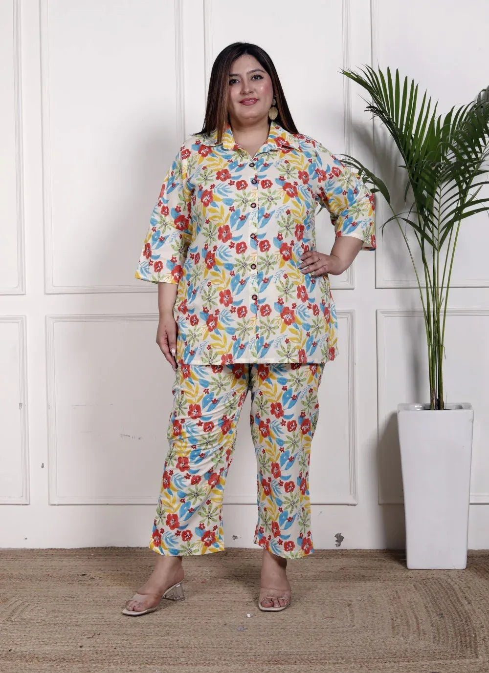 Plus Size Off White Cotton Floral Print Co-ord Set -1200033 – Swasti ...