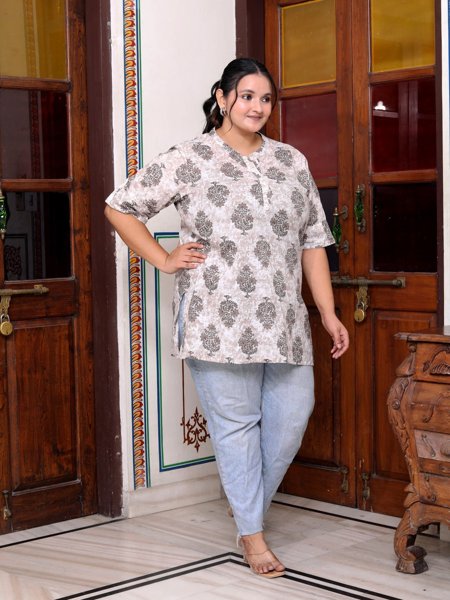 Plus Size Beige Cotton Floral Print Short Kurta-300015 - Swasti Clothing