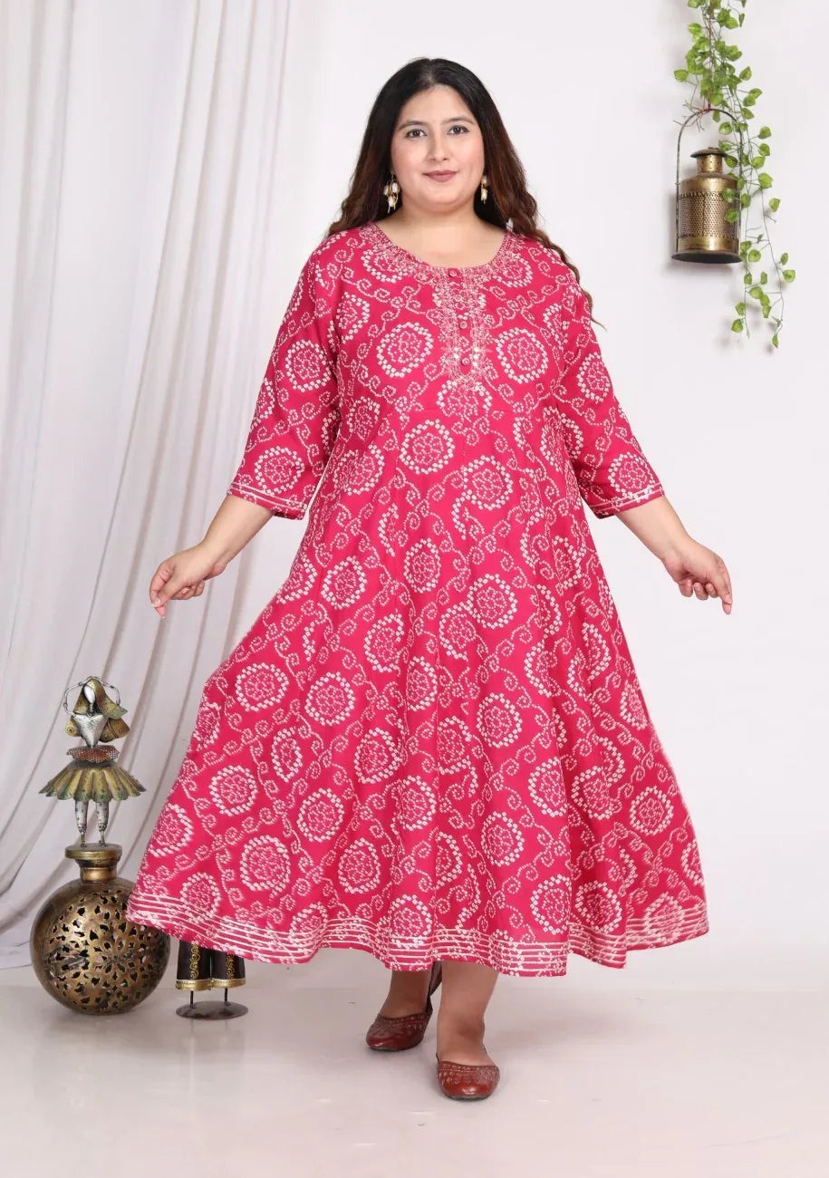 Plus Size Pink Bandhani Print Long Dress | Swasti Clothing