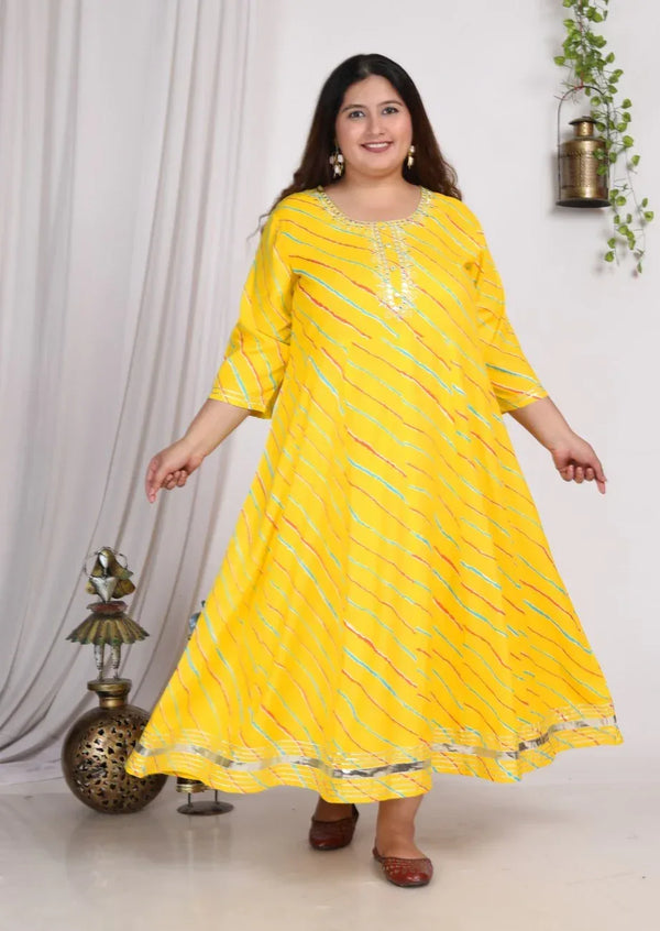 Plus Size Gown - Yellow Cotton Lahariya Print | Swasti Clothing