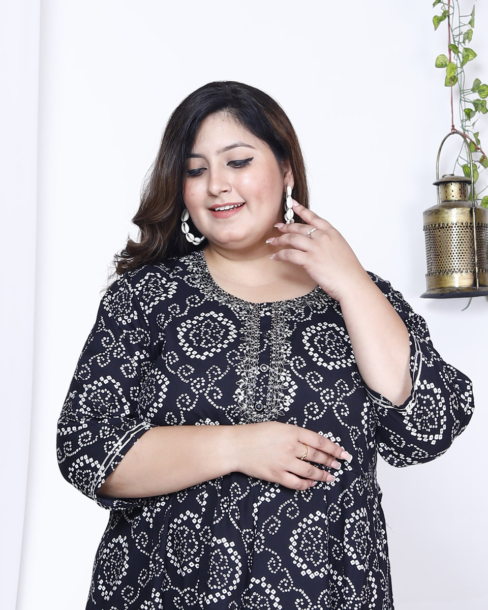 Embroidered Plus Size Black Bandhani Print Flared Long Kurta-400023 ...