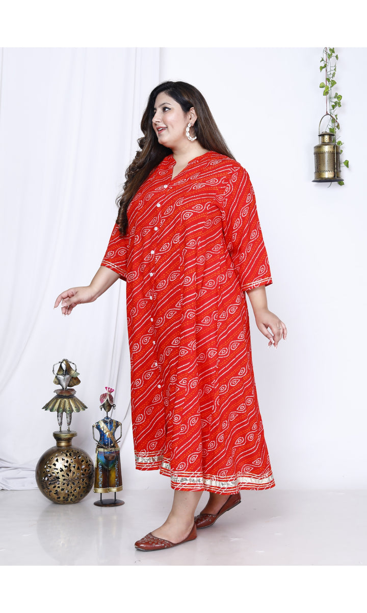 Plus Size Red Bandhani Print Flared Long Kurta-400024 - Swasti Clothing