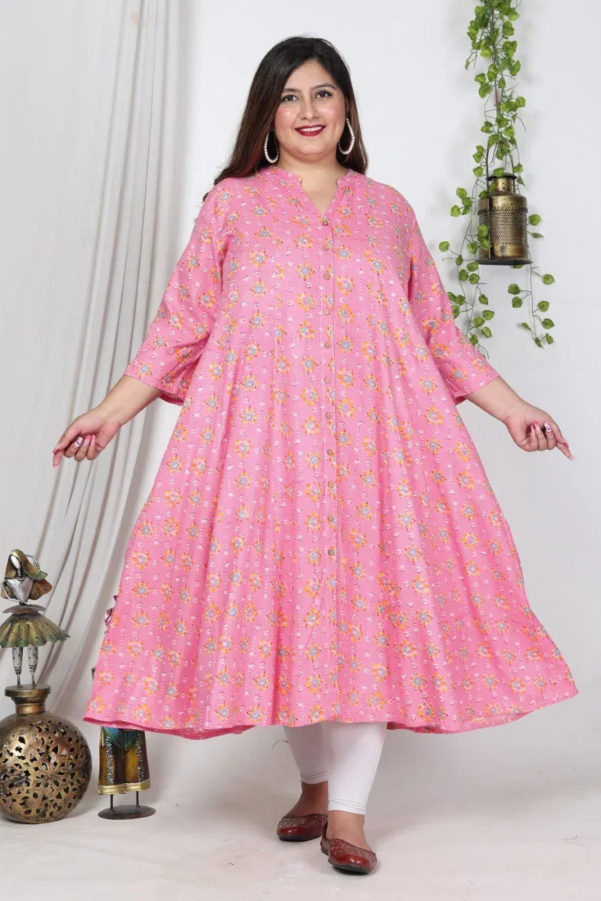 Plus Size Pink Cotton Blend Floral Print Gown - Swasti Clothing