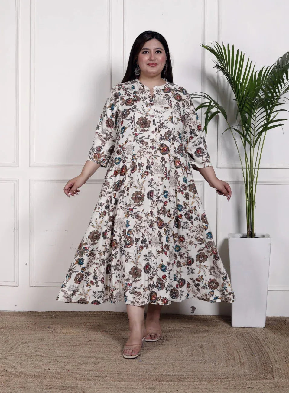 Plus Size Off White Cotton Blend Kurta with Golden Print | Swasti Clothing