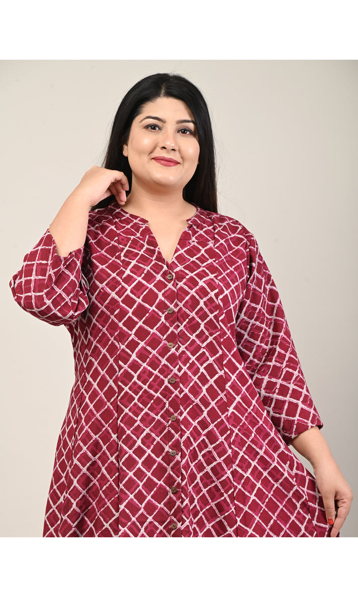 Plus Size Maroon Cotton Blend Print Aline Kurta-601 - Swasti Clothing