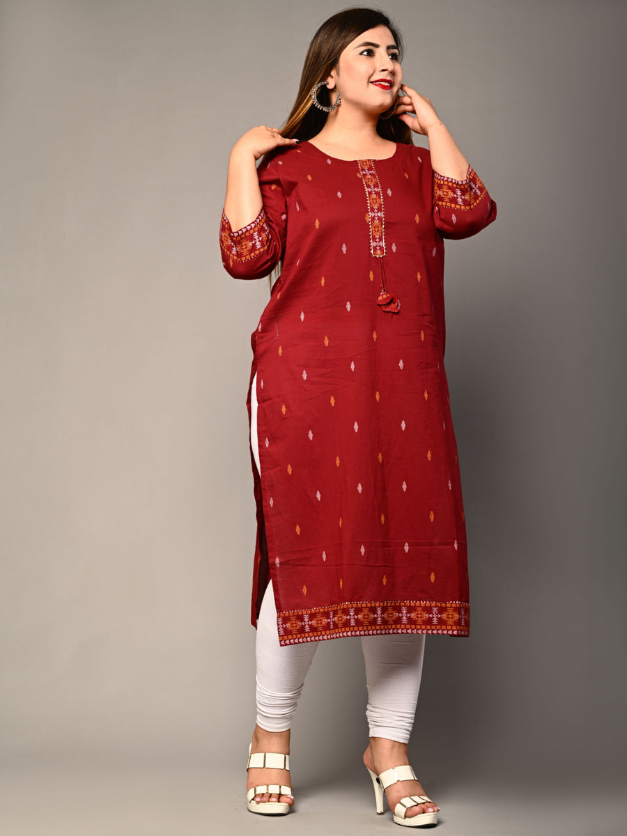 Plus Size Maroon Cotton Ikat Print Straight Kurta-159 - Swasti Clothing